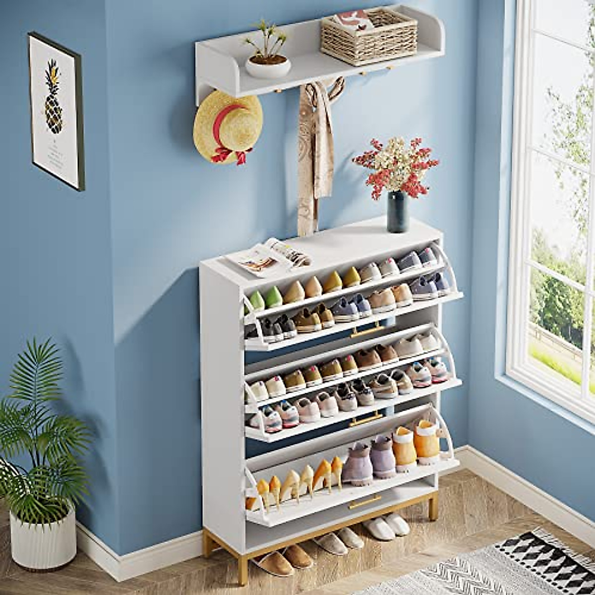 Tribesigns Shoe Cabinet, Shoe Storage Cabinet with Wall Mounted Coat Rack, Modern Shoes Organizer Cabinets with 3 Flip Drawers, White and Gold Shoe Cabinet for Entryway