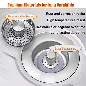 Kitchen Sink Drain Strainer and Sink Stopper(3 in 1), Upgraded Stainless Steel Drain Basket/Brass Pop-Up Bounce Core/Double Seal Sink Drain Stopper, Replacement for Standard 3-1/2 inch Drain