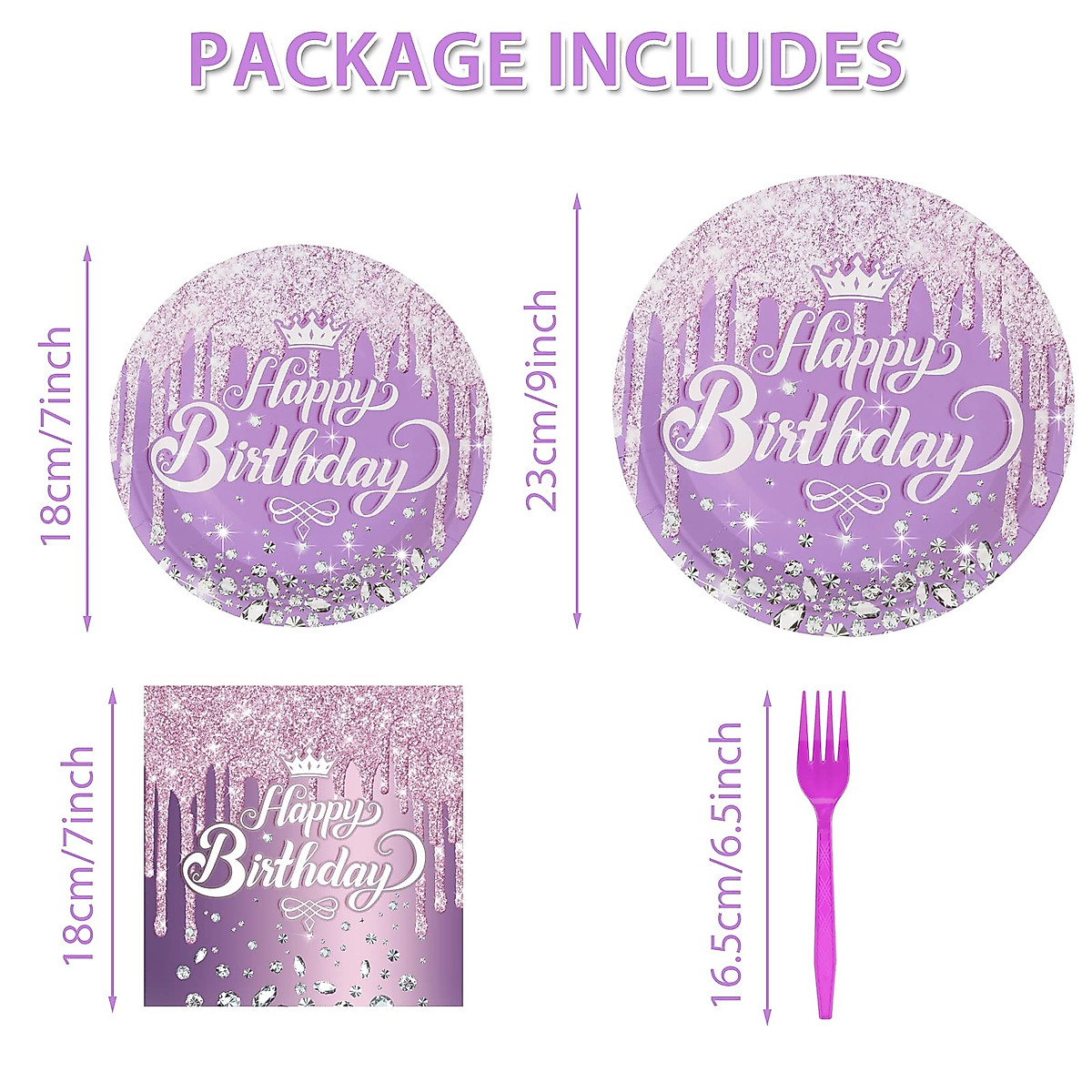 Juhap 80 Pieces Purple Birthday Tableware Set for Happy Birthday Table Decorations Purple Theme Birthday Dessert Plates Napkins Forks for 20 Guests Girls Women Silver Glitter Birthday Party Supplies