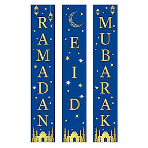 2 in 1 Ramadan Eid Mubarak Door Banner for Home,Mosque,Iftar,Eid Al Adha,Eid Al Fitr, Ramadan and Eid Decoration, Includes 1 Crescent and Star Banner (Blue)