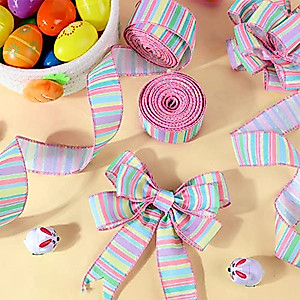 40 Yards Spring Pastel Ribbon Easter Horizontal Stripe Wired Pink Ribbons for Gift Wrapping DIY Craft Easter Home Farmhouse Tree Decoration (2.5 Inch in Width)