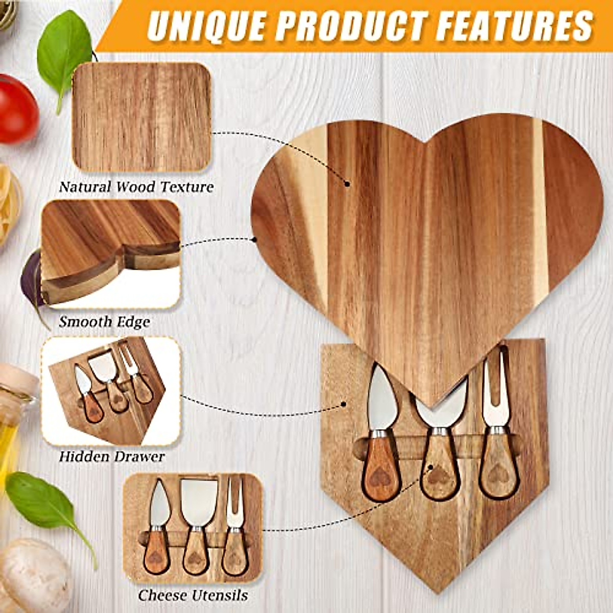 Charcuterie Boards Heart Shaped Cheese Board and Knife Set, Mothers Day Acacia Wood Cheese Platter Small Cheese Servers Home Wedding Gifts