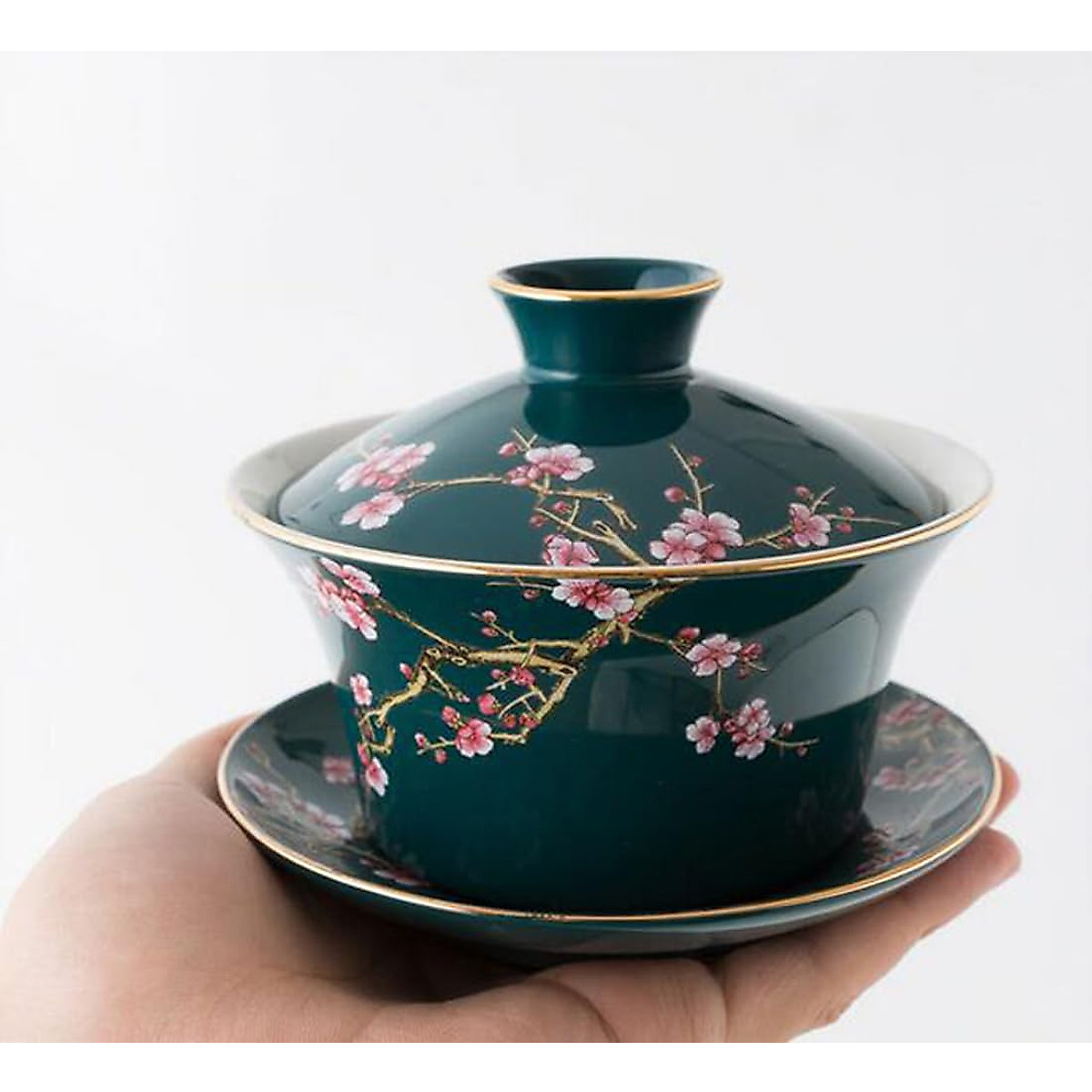 YBK Tech 10oz Large Gaiwan, Porcelain Kung Fu Tea Cup and Saucer with Lid, Chinese Traditional Gaiwan, Sancai Tea Bowl - Embossed Plum Patterns (Green)