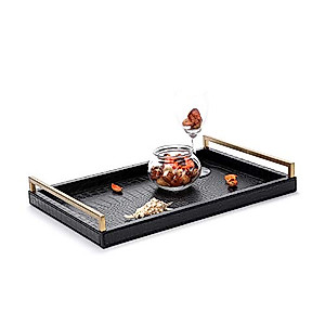 WV Serving Tray Faux Black Crocodile Leather with Brushed Gold Stainless Steel Handle (Black and Gold)