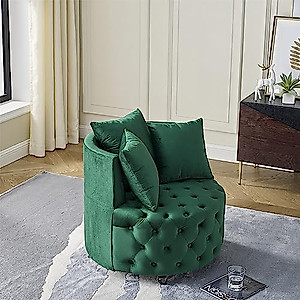 Tmsan Modern Swivel Chair, 30'' Green Velvet Barrel Chair with 3 Pillows, 360° Rotating Wheels for Living Room, Bedroom