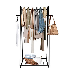 Fishat Heavy Duty Strong Black Garment Rack Clothing Hanging Clothes, 16" D x 41" W x 66" H with 6 Display Hooks, Freestanding Bottom Shelves Shoes Organization, Bedroom Living Study Room Entryway
