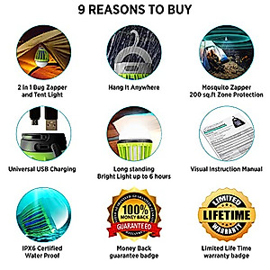 Zapout Camping Lantern Bug Buster Bulb Zapper Tent Light Portable Led and Emergency Lamp with Waterproof Mosquito Repellent Fly Killer USB 2000mAh Rechargeable Battery for Outdoor (Lime Green)