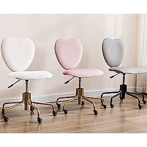 VESCASA Adjustable Swivel Home Office Desk Chair with Cute Heart Shape Design Back, Comfy Velvet Task Chair with Wheels, Small Computer Chair Without Arms for Girls Bedroom/Living Room, Light Pink