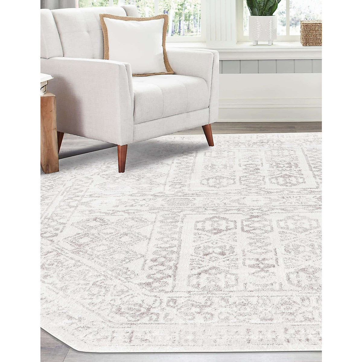 Unique Loom Oxford Collection Area Rug - Magdelan (7' 1" Octagon, Cream/ Ivory)