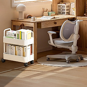 2 Tier Movable Bookcase, Book Cart Organizer, Utility Rolling Cart, 2 Tier Bookshelf with Wheel for Bedroom Living Room Home School, Kids Children Students