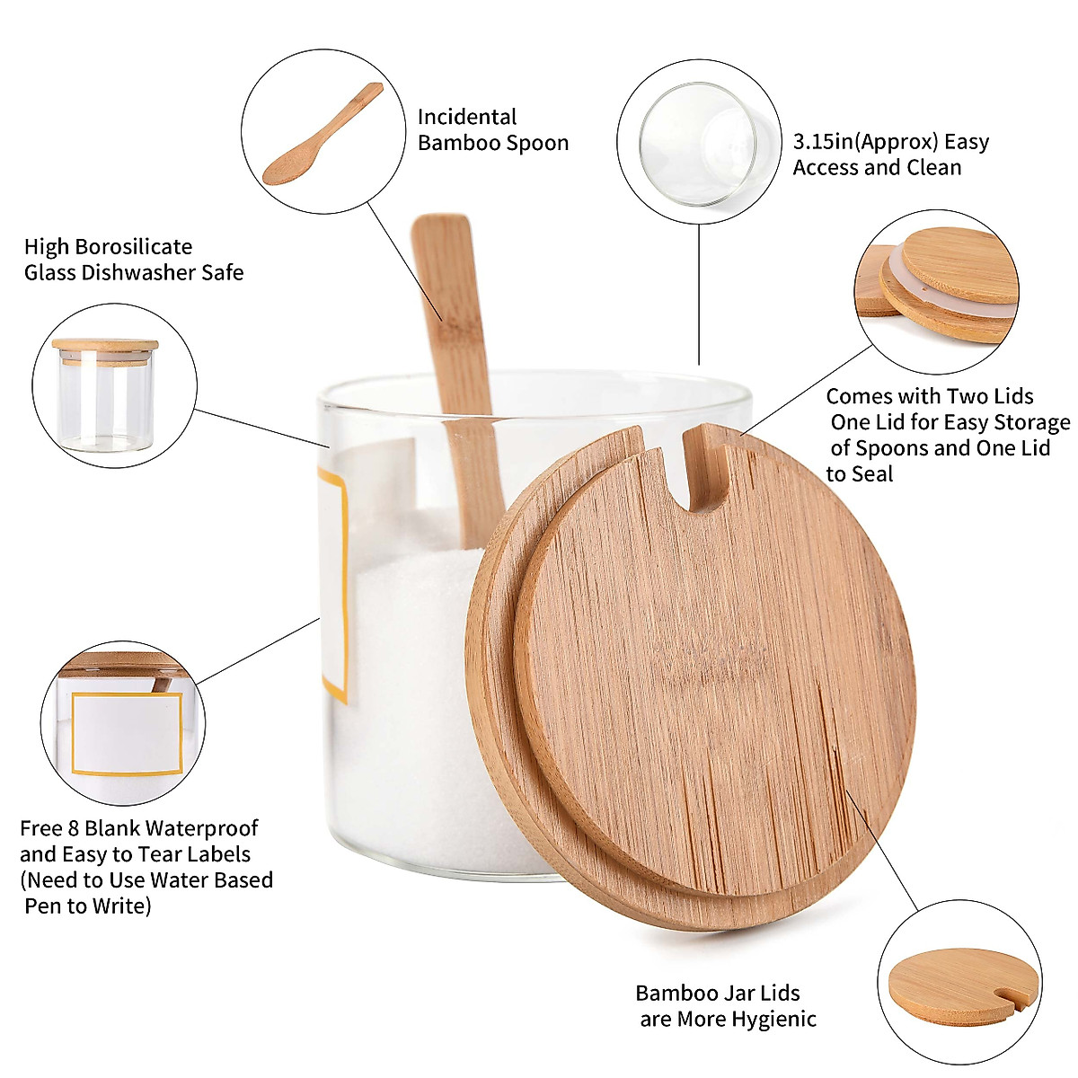 Glass Condiment Jar with 6 Lids, Sugar Bowl/Salt Box with Spoon and Blank Labels, Coffee Canister, Bath Salt Storage Jar, 12 oz, Set of 3