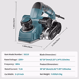 DNTI-7.1AMP Electric Hand wood Planer adjustable depth 0 mm to 4 mm Electric Hand held Planers for Woodworking 3-1/4 Inch corded Planer Wood Chamfer DIY Smooth Finish Carpentry Tool (58219-4MM)