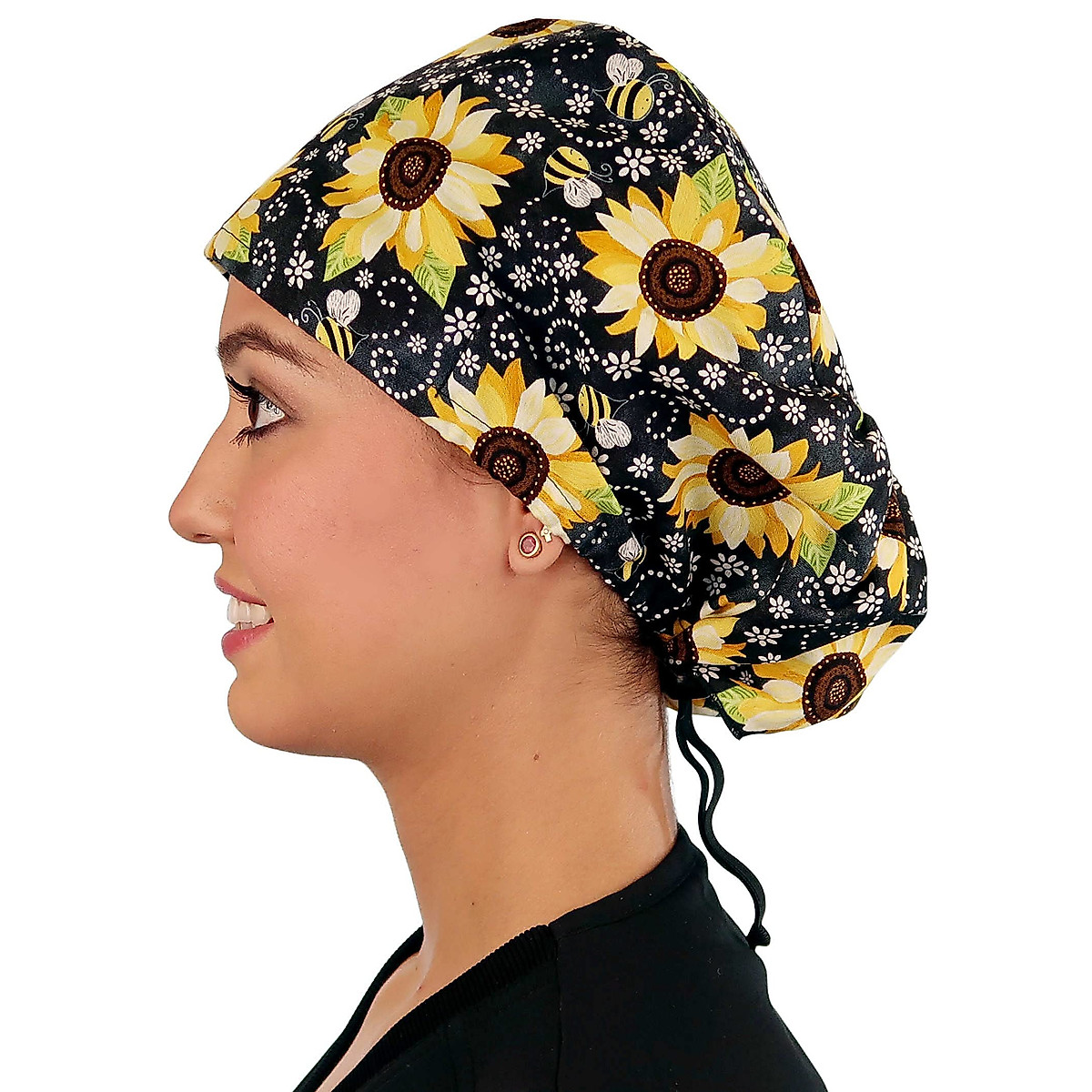 Sparkling EARTH Sunflowers on Black Riley Medical Scrub Caps with Flat Front and Roomy Back - Adjustable Cord Lock Closure - Made in The USA