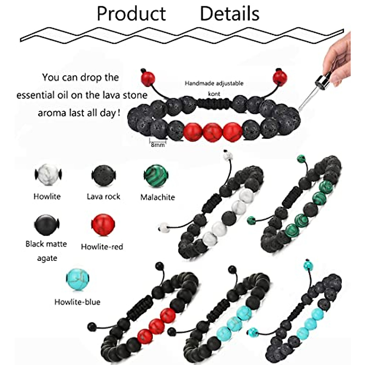 SONNYX 12PCS Beaded Bracelet for Men Women 8mm Adjustable Lava Rock Stone Bracelet Essential Oil Anxiety Aromatherapy Bracelets Jewelry Gifts(Adjustable)