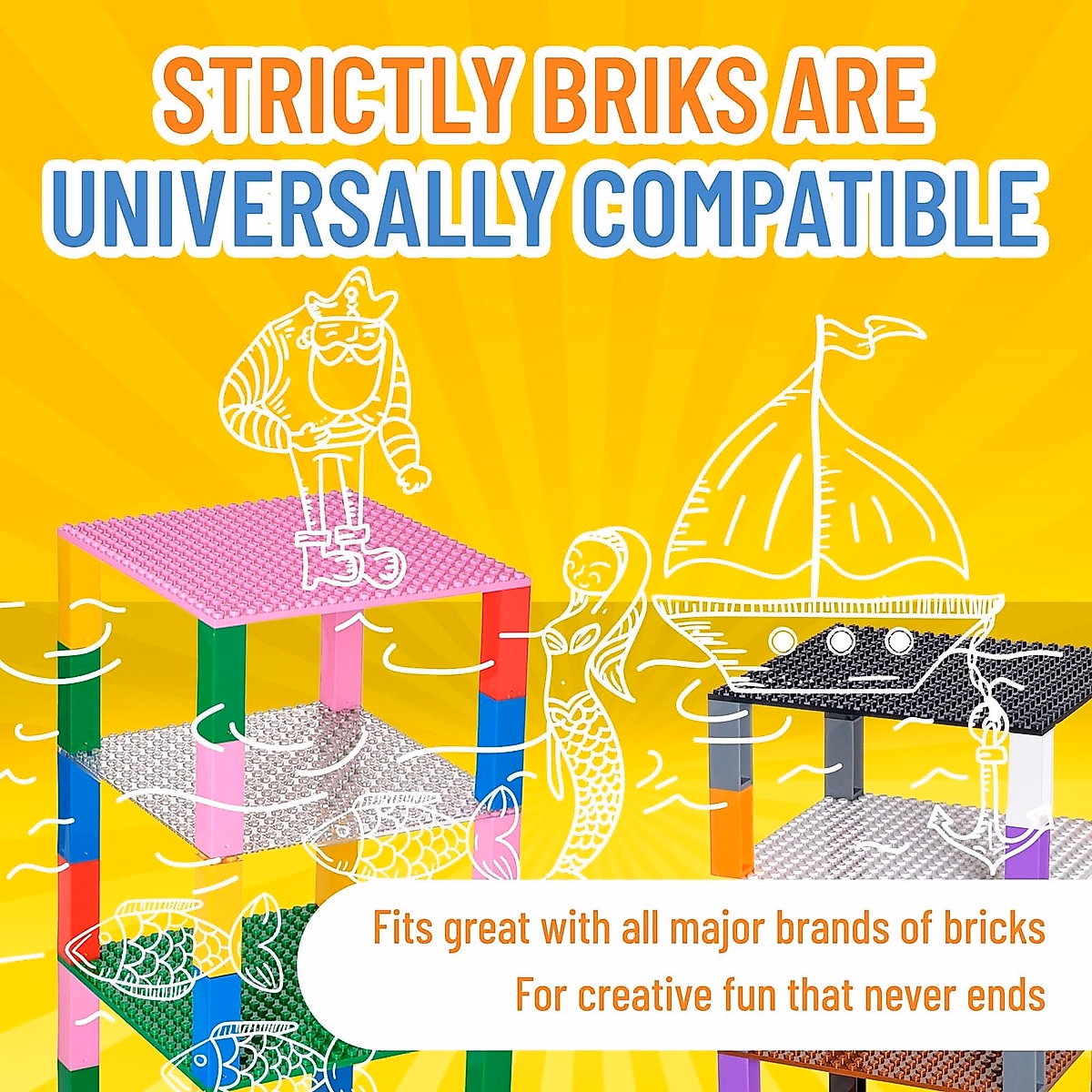 Strictly Briks Stackable Base Plates Lego Compatible - Stackable Rainbow Building Bricks for Towers, Shelves & More - 12 Base Plates & 80 Stackers - 6x6 Inches