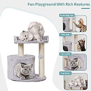 MIAO PAW G5 Small Cat Tree Tower Condo Furniture Activity Center Play House Sisal Scratching Posts Large Platforms and a condo Grey