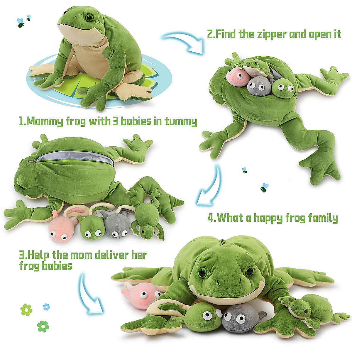 Tezituor Giant Realistic Frog Stuffed Animal Plush Toy, 20.5” Large Mommy Frog with 4 Babies Pillow Gifts for Boys Girls