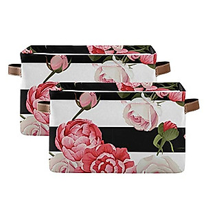 AGONA Large Foldable Storage Bin Peony Roses Black White Stripes Storage Bins Collapsible Decorative Fabric Storage Baskets with Leather Handles for Home Closet Bedroom Organizer Nursery 1 Pack