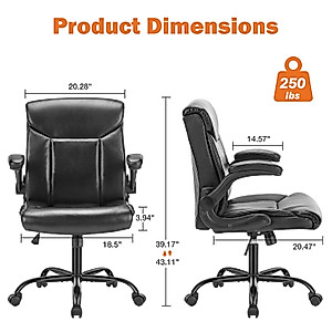 Sweetcrispy Ergonomic Executive Office Chair: Height Adjustable PU Leather Office Chair Flip-up Arms Mid Back Desk Chair with Wheels Computer Chair with Lumbar Support, Black