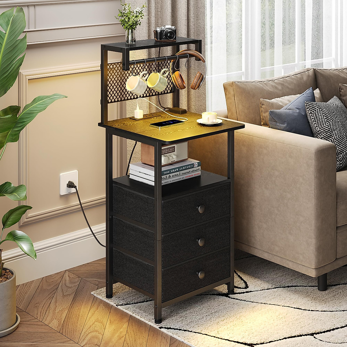 DALEMHOME Tall Nightstand with Charging Station and LED Lights, Night Stand with 3 Drawers and Storage Shelves, Bedside Table for Bedroom, Office, Black HKET2301BK