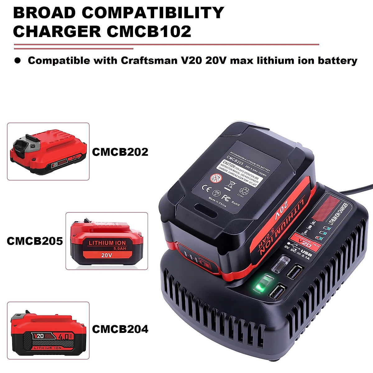 Kotoate 20V Battery Charger Replacement for Craftsman V20 Battery Charger CMCB104 Compatible with Craftsman V20 20-Volt Max Lithium Ion Battery CMCB202 CMCB204 CMCB201 CMCB205 CMCB102, with 2 USB Port