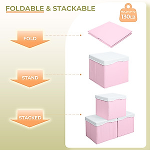 STORAGEIDEAS Thick Stackable Storage Bins with Lids, 3-Pack Collapsible Storage Boxes Organizer, Heavy-Duty Storage Containers Baskets Cubes with Thick Lids for Bedroom, Closet, Office, Pink