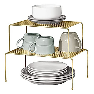 mDesign Adjustable Raised Metal 4-Piece Kitchen Stacking Organizer, Expanding Storage Rack - Cupboard, Pantry Shelf, Non-Skid Feet, Hold Dishes, Bowls, Mugs, Concerto Collection, 2 Pack, Soft Brass