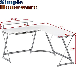 SHW Vista L-Shape Desk with Monitor Stand, White