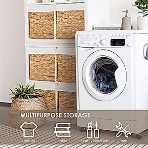 Wicker Storage Basket - 6 pcs Large Cube Water Hyacinth Hand Woven Baskets for Storage Organizing, Foldable Wicker Laundry Baskets Bins with Linings, Nature Decorative Book Shelf Pantry Gift Baskets