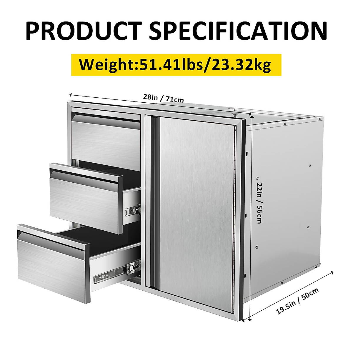 SGOLAN Outdoor Kitchen Door Drawer Combo Cabinet 28" W x 22" H x 19.5" D Stainless Steel Built-in Triple Drawers&Right Access Door Combo Cabinet for Outdoor Kitchen Island, Patio Grill Station