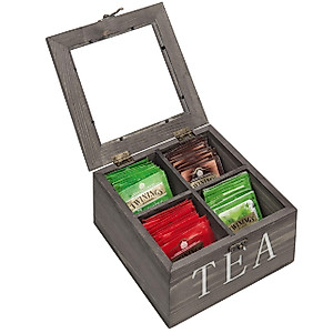 MyGift Rustic Gray Solid Wood Tea Box Organizer with 4 Compartments, Teabag Storage Chest with Clear Acrylic Lid and Latch