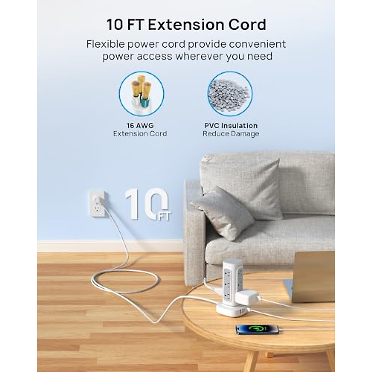 TROND Tower Power Strip Surge Protector - Power Strip with 4 USB Ports(2 USB C), 12 Widely Spaced Outlets, Ultra Thin Flat Plug 10ft Extension Cord, 1700J, for Home Office Supplies, Dorm Essentials