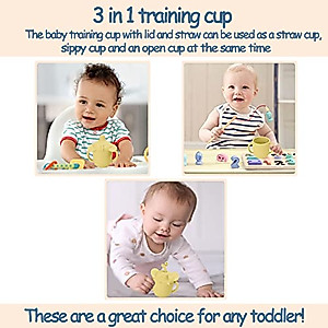 Silicone Sippy Cup for Toddler, Transition Straw Cups for baby 6 months+, 3 in 1 Elephant Training Sippy Cups for Babies with Cleaning Brush, Two Handles, Microwave Safe and Dishwasher, BPA Free, 7oz