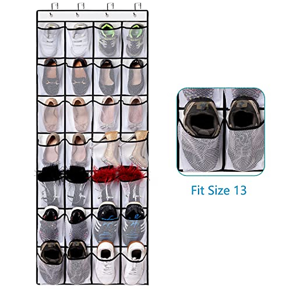 REGELETO 28 Pocket Over the Door Shoe Organzier, Hanging Shoe Rack for Door Large Capacity Shoe Organizer Holder with 4 Metal Hooks (White-2Pack)