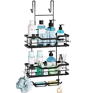 Consumest 3-Tier Hanging Shower Caddy Over the Door, Large Capacity Hanging Shower Organizer With 2 Soap Holder & 8 Hooks Rustproof Easy Installation Over Door Shower Shelf for Bathroom, Black