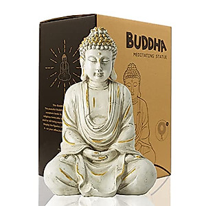 Goodeco 11.4 Meditating Zen Buddha Statue Figurine Sculpture - Indoor/Outdoor Decor for Home,Garden,with Natural Wood Beaded Necklace,Polyresin (White Gold)