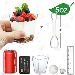 Eupako 100 Pack 5 oz Square Clear Plastic Dessert Cups with Spoons Small Tumbler Great for Desserts, Appetizers, Puddings, Mousse, Parfait