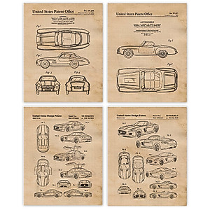Vintage Mercedes Auto Patent Prints, 4 (8x10) Unframed Photos, Wall Art Decor Gifts for Home Office Gears Garage Shop Engineer School College Student Teacher Coach F1 AMG Racing Team Championship Fans