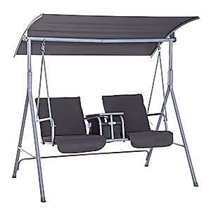 Outsunny 2 Person Porch Swing with Stand, Outdoor Swing with Canopy, Pivot Storage Table, 2 Cup Holders, Cushions for Patio, Backyard, Gray