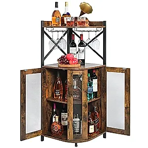 JKsmart Corner Bar Cabinet with Glass Holder,Industrial Wine Cabinet with Mesh Door,Wine Bar Cabinet with Adjustable Shelf,Home Bar for Liquor and Wine Storage,Rustic Brown