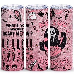TUMBTU Ghostface 20oz Skinny Tumbler for Women Girls Spooky Vibes 20oz Horror Scary Face Theme Decor Insulated Cup with Lid -Vacuum Stainless Steel Coffee Mug Stemless Pink Cup
