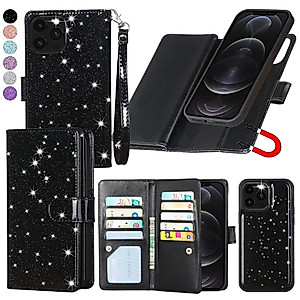 Varikke for iPhone 12 Pro Max Case Wallet, Detachable Magnetic Flip Fits iPhone 12 Pro Max Wallet Case for Women Men with Card Holder & Kickstand & Wrist Strap Glitter PU Leather Cover 6.7", Black