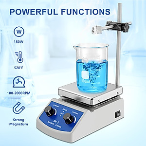 Magnetic Stirrer Hot Plate w/Thermometer, Magnetic Stir Plate w/Stir Bar Retriever, Max.520℉ Hot Plate Stirrer, 100~2000RPM Magnetic Hotplate Stirrer w/Stir Bar n Support Stand