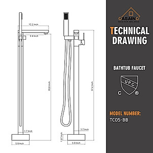CASAINC Tub Filler Freestanding Bathtub Faucet Stand Alone Floor Mount Tub Faucet Bathtub Filler with Hand Shower and Swivel Spout, CUPC Certification, 2.7 GPM High Flow Rate Brushed Brass