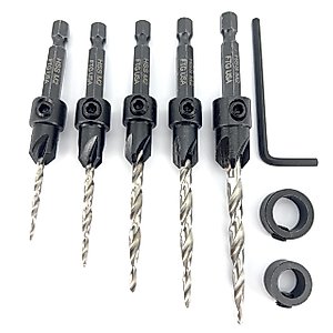FTG USA Wood Countersink Drill Bit Set 5 Sizes Set Countersink #4, 6, 8, 10, 12 Tapered Drill Bits with Hex Shank Countersink bit, 2 Stop Collar, 1 Allen Wrench, 6 Storage Containers