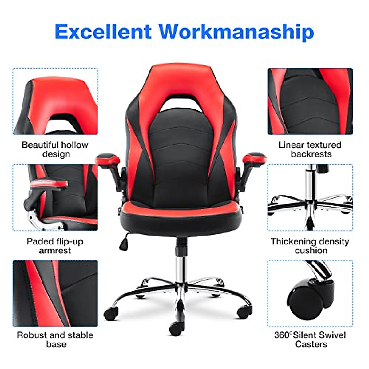 JHK Gaming Chair - Office Chair Desk Chairs with Wheels Computer Chair with Flip-up Armrest and Height Adjustable Swivel Chair Splicing PU Leather Chair Home Office Chair with Lumbar Support