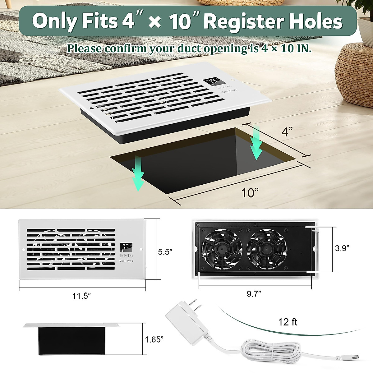 Feekoon 1 Pack Smart Quiet Register Booster Fan, 4'' x 10'' AC Vent Booster Fan with Intelligent Thermostat Control and Remote Control, Cooling Heating White Vent Fan Booster, 160 CFM