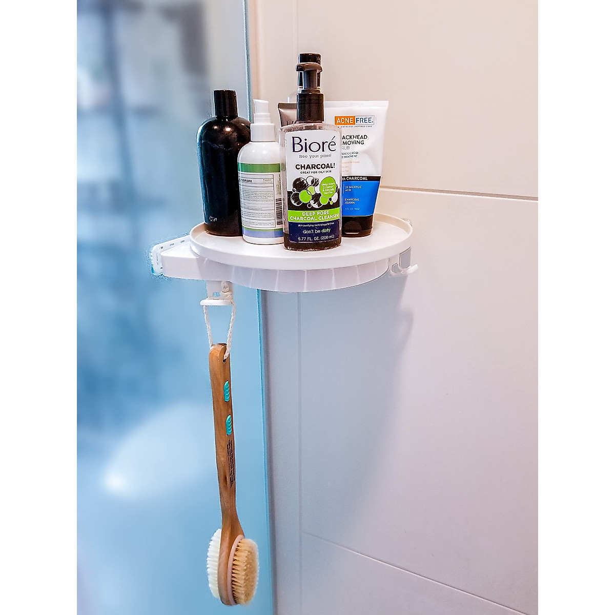 5 STAR SUPER DEALS Shower Corner Caddy Rotating Shelf - Tension Suction Cup Wedge Mount - Shower & Bathroom Storage Organizer- w/Drainage Holes & Hanging Hooks