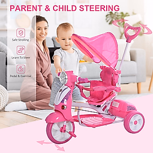 Qaba Children Ride-On Moped Tricycle with a Stylish Design & Interactive Music & Lighting Functions Pink
