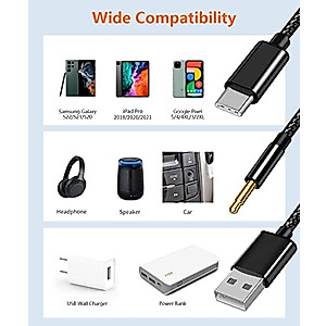 USB C to 3.5mm Car Aux Cable, 2 in 1 USB C to 3.5mm Car Stereo Aux Headphone Jack Cable with USB C Charging Compatible with Samsung Galaxy S23/S22 Ultra/S21/S21FE/Note 20, Google Pixel 7/7Pro/6/5/4/3
